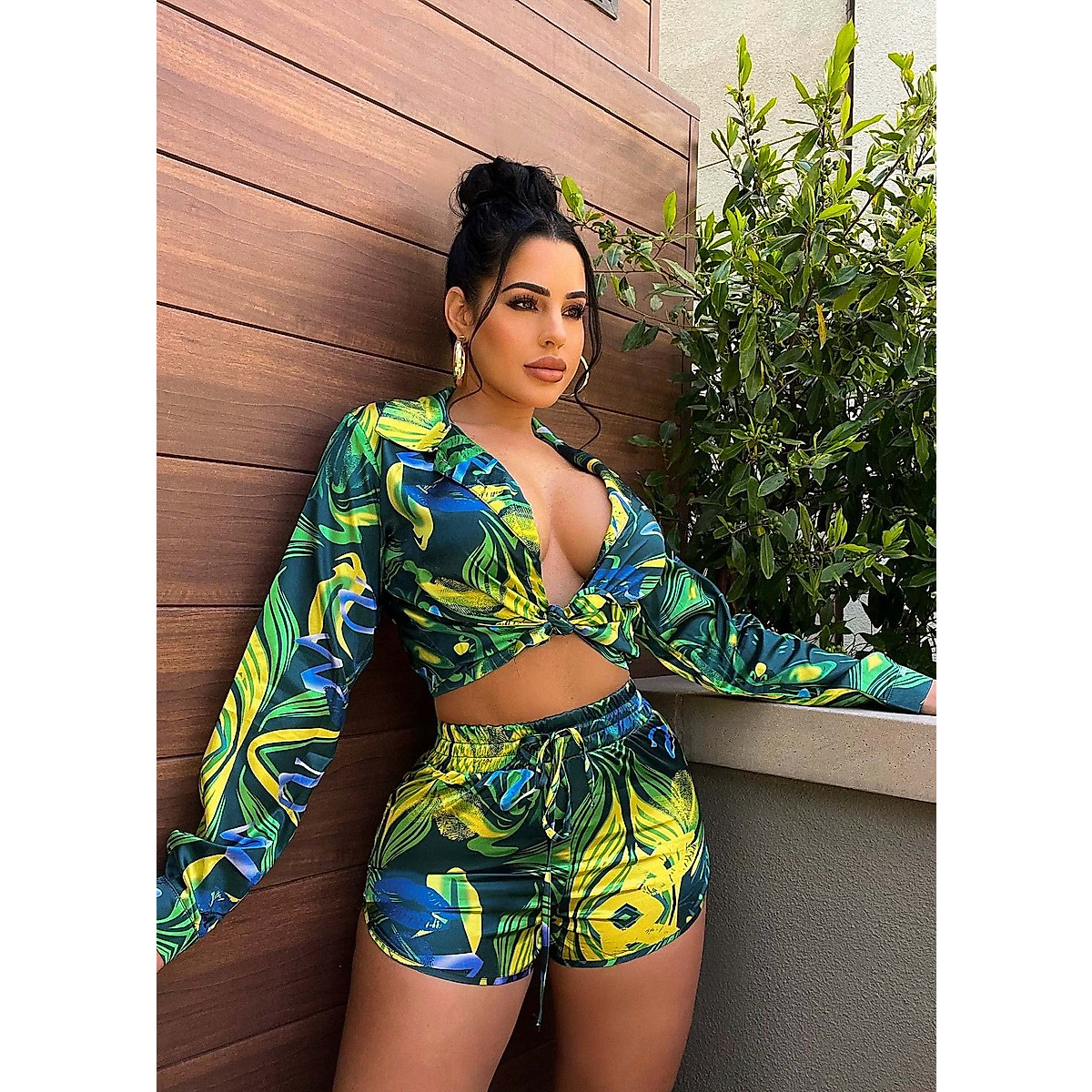 Fastkoala Women's Two Piece Outfits Casual Long Sleeve Shorts Pants Set Sweatsuits Jogging Tracksuit with Pockets Green XL