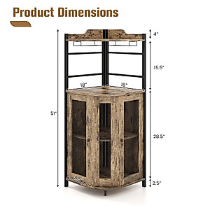 LOKO Corner Wine Bar Cabinet, Industrial Wine Cabinet with Metal Mesh Doors & Adjustable Shelf, Liquor Cabinet with Anti-toppling Device, Rustic Brown, 19 x 19 x 51 Inches (Taupe)