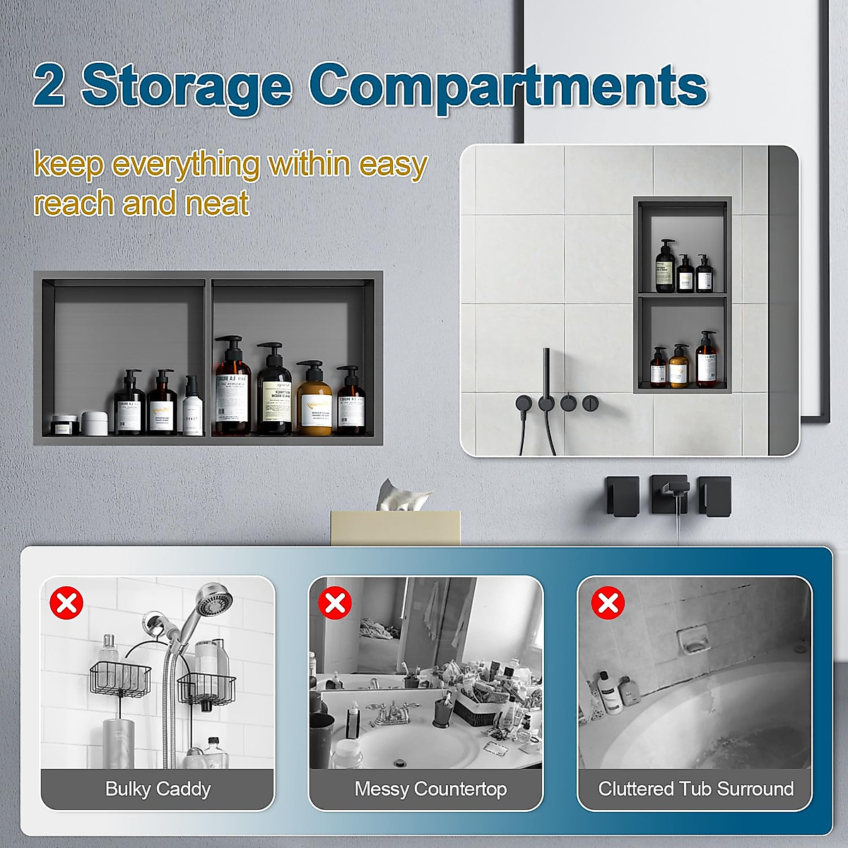 ROVOGO 12"x24"x4" No Tile Shower Niche 304 Stainless Steel, Double-Layer Recessed Wall Niche, Bathroom Niche Shelf Insert, Horizontal or Vertical, Black