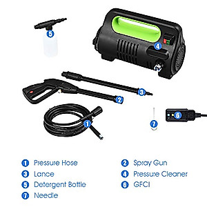 Safstar Handheld Pressure Washer, 1800PSI Compact High Power Washer, Portable Electric Cleaning Machine with Nozzles, Spray Gun, Turbo Nozzle Detergent Tank for Car Garden Lawn, 1500W 1.96GPM (Green)