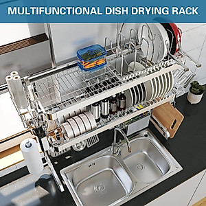 LIVOD Over The Sink Dish Drying Rack, 3-Tier Drying Drainer Rack Over Sink Stainless Steel Adjustable (29.1''~37.4''), Sink Drying Rack with Pots and Pans Rack (Silver)