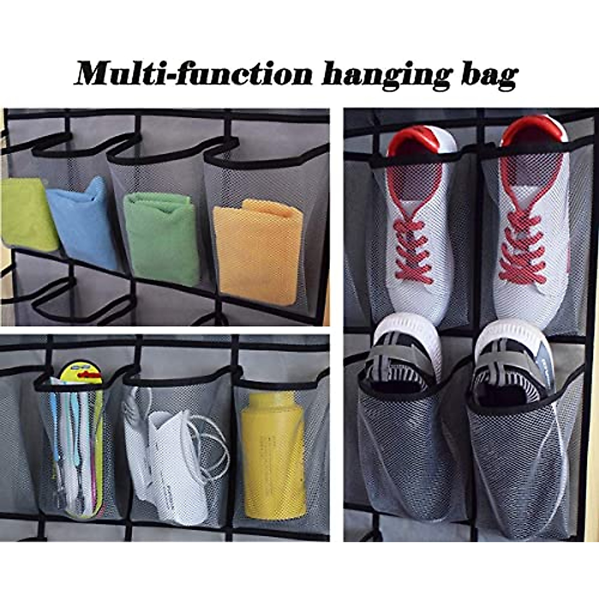 Over The Door Hanging Shoe Organizer 24 Extra Large Mesh Pockets Hanging Shoe Rack Holders for Closet Storage Men Sneakers,High Heeled Shoes,Double Stitching with 4 Metal Hooks,Gray 65.4"X23.6"