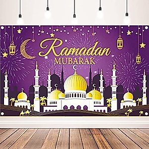 Ramadan Mubarak Banner Backdrop, Ramadan Mubarak Party Decorations, Eid Mubarak Backdrop Background for Muslim Ramadan Party Supplies, 72.8 x 43.3 Inch