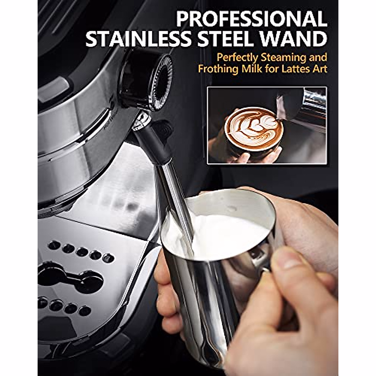 MICHELANGELO Stainless Steel Espresso Coffee Machine with Milk Frother, Small Coffee Maker for Home, 15 Bar - Cappuccino, Latte