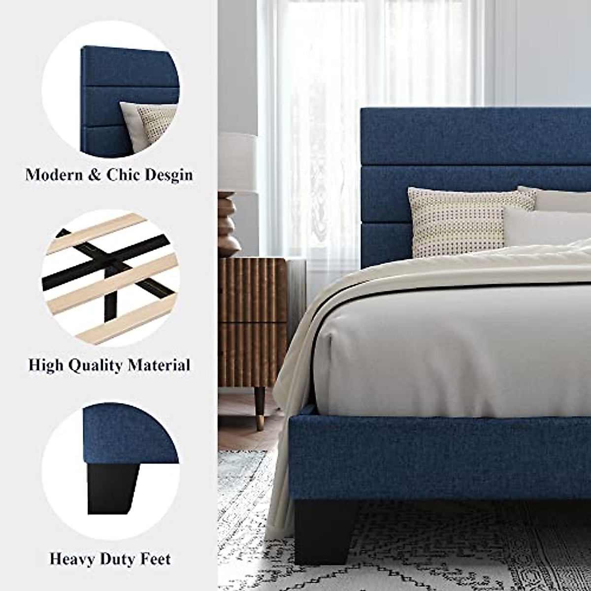 Allewie King Size Platform Bed Frame with Fabric Upholstered Headboard and Wooden Slats Support, Fully Upholstered Mattress Foundation/No Box Spring Needed/Easy Assembly, Navy Blue