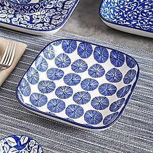 Selamica Porcelain 8-inch Square Dinner Plates, Salad Pasta Bowls, Set of 6, Vintage Blue