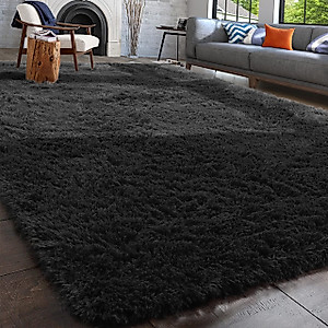 PAGISOFE 4x6 Fluffy Bedroom Rugs Black Modern Living Room Area Rug Fuzzy Shaggy Carpet Indoor Plush Nursery Rugs for Kids Room Furry Floor Rug for Boys Carpet for Teen Dorm Room Decor