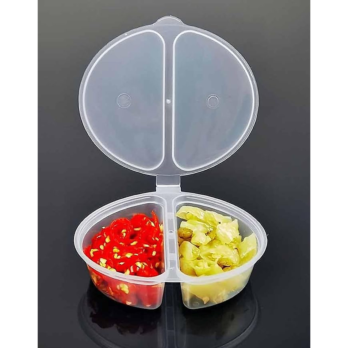 Double Condiment Containers with Lids, Double Compartment Condiment Container, Disposable Containers Double Compartment Snack Containers for to-go Sauce, Sampling, Travel Snack (Style B, 50PCS)