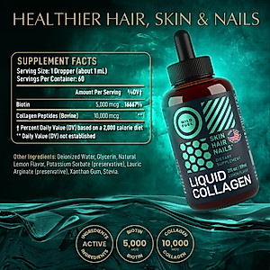 Liquid Collagen Peptides with Biotin Vitamins for Hair Skin and Nails - Biotin and Collagen Supplements - 10,000mcg Liquid Collagen for Women and Men 5,000mcg Biotin - Lemon Flavor, 2-Month - 2 oz