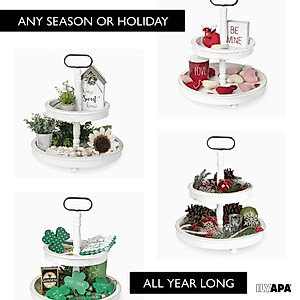 Ilyapa Decorative Farmhouse Tiered Serving Tray Stand - 2 Tier Rustic Wooden Serving Stand with Handle - White, 16 x 14.5 x 14.5