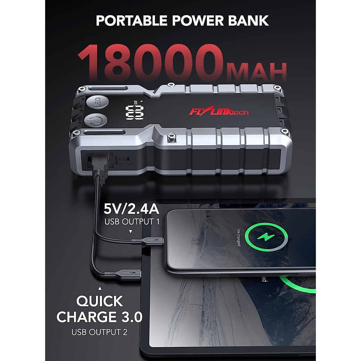 FLYLINKTECH 5000A Car Battery Jump Starter(Up to 9.0L Gas or 8.0L), Portable Car Jump Starter Battery Pack, 12V Jump Box with Safety Jumper Cables, Fast Charge 3.0, Lights, LCD Display