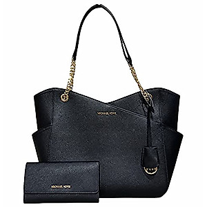 Michael Kors Jet Set Large Chain Tote Black 2021 Bundled with Michael Kors Jet Set Large Black Trifold Wallet