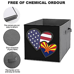 Interlocking Hearts American Arizona State Flag PU Leather Collapsible Storage Bins Canvas Cube Organizer Basket with Handles