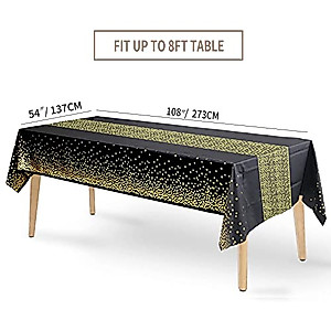 FECEDY 6 Packs 54 inches x108 inches Gold Wave Point Black Disposable Plastic Table Cover Waterproof Tablecloths for Rectangle Tables up to 8 ft in Length Party Decorations