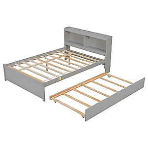 Bellemave Full Bookcase Bed with Trundle, Wood Platform Beds with Storage Headboard and Slat Support for Kids Boys Girls Teens, No Box Spring Needed, Full Size, Gray