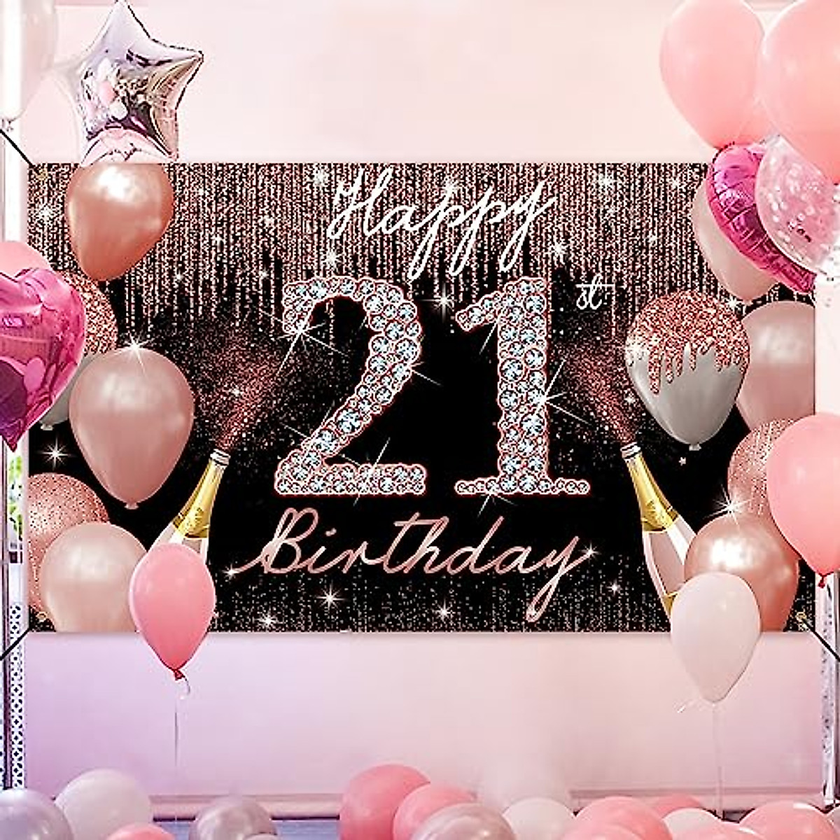 Happy 21st Birthday Backdrop Banner, 21st Birthday Decoration for Her Rose Gold, 21 Year Old Birthday Party Yard Sign Photo Booth Props Background Poster, 21 Bday Decor, Fabric, PHXEY