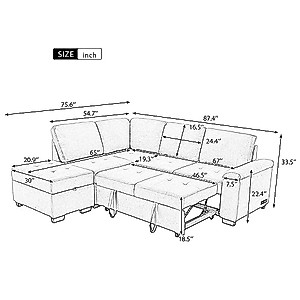 Merax Sofa Bed Sleeper Couch L Shaped Sofa with Storage Ottoman, L-Shape Sectional Couch with Comfortable backrest for Living Room and Small Apartment (Black)