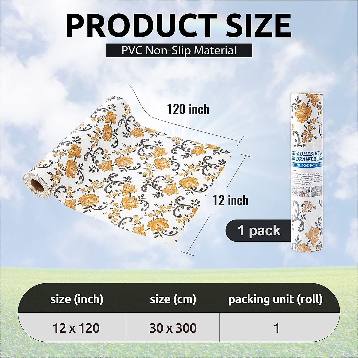 FIFTY FEET 12X120 Inch Shelf Liner for Kitchen Cabinets, PVC Drawer Liner for Dresser Non-Slip Bathroom, Non-Adhesive Cabinet Liner Washable (Yellow Floral)(1 Roll)