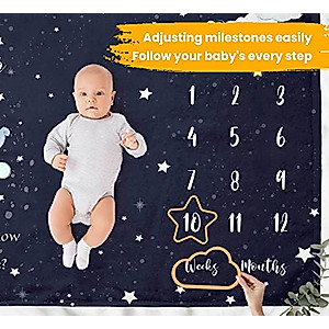 Pavo Baby Milestone Blanket - Baby Monthly Milestone Blanket for Boys Girls - Sleeping Elephant Twinkle Little Star - Neutral First Year Growth Months Chart - Premium Shower Gifts for Newborn 60"x40"