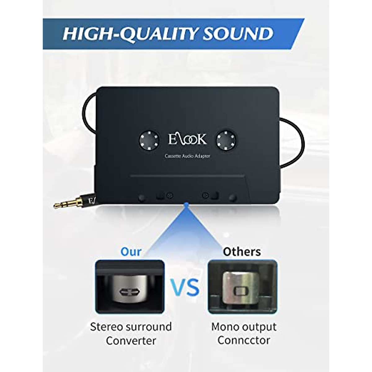 Elook 2023 Car Cassette Aux Adapter Kit, with Upgraded Smartphone to 3.5 mm Headphone Jack Adapter for Phone, MP3 ect. Black