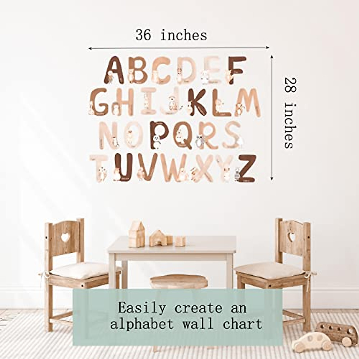 Neutral Animal Alphabet Wall Decals - 6-inch large alphabet letters for wall | 26 English abc wall stickers for kids featuring cute watercolor animals | Perfect abc wall decor for neutral nursery, earthy playroom, or boho classroom decor