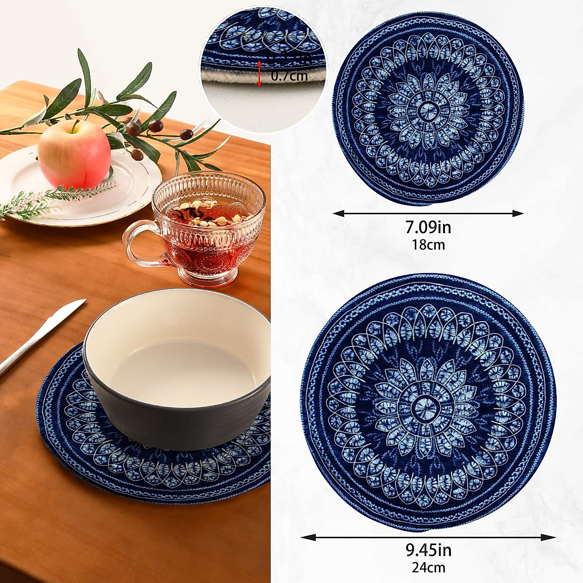 ALAZA Navy Blue Mandala Boho Trivets for Hot Dishes 2 Pcs,Hot Pad for Kitchen,Trivets for Hot Pots and Pans,Large Coasters Cotton Mat Cooking Potholder Set