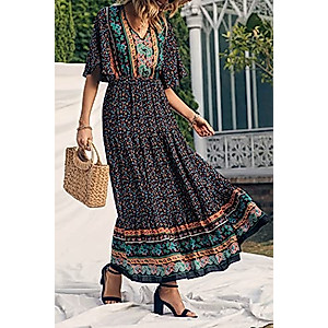 PRETTYGARDEN Women's Casual Summer Boho Floral Print Dress V Neck Short Sleeve High Waist Long Maxi Beach Dresses (Black Floral,Medium)