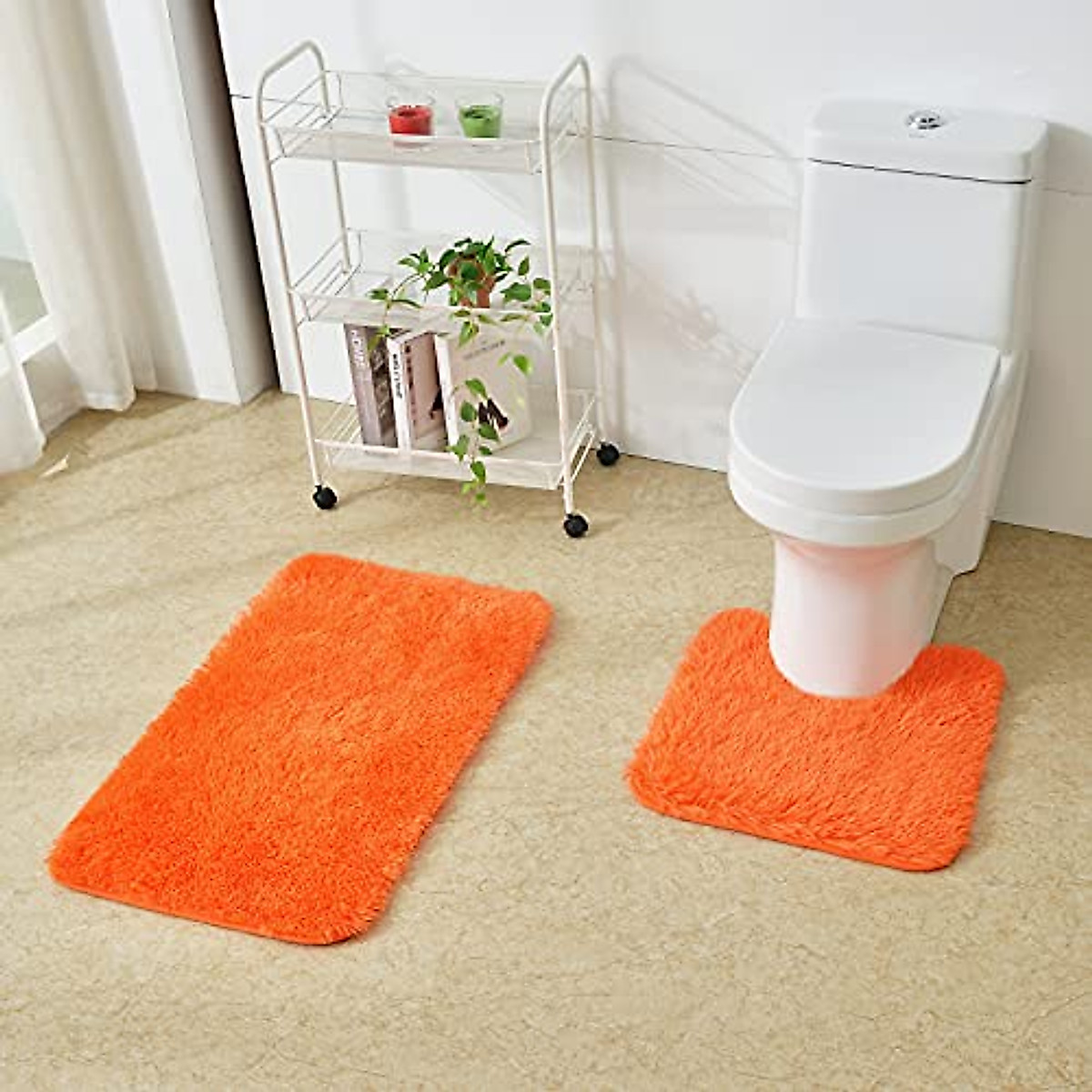 ECM. 2pc - 3pc Beautiful Living Room Rug Set - Solid Aesthetic Soft Fluffy Rug Carpet for Home, Dining Room, and Kitchen - Faux Fur Anti Slip Rug & Water Absorber Bathroom Carpet Set - Orange
