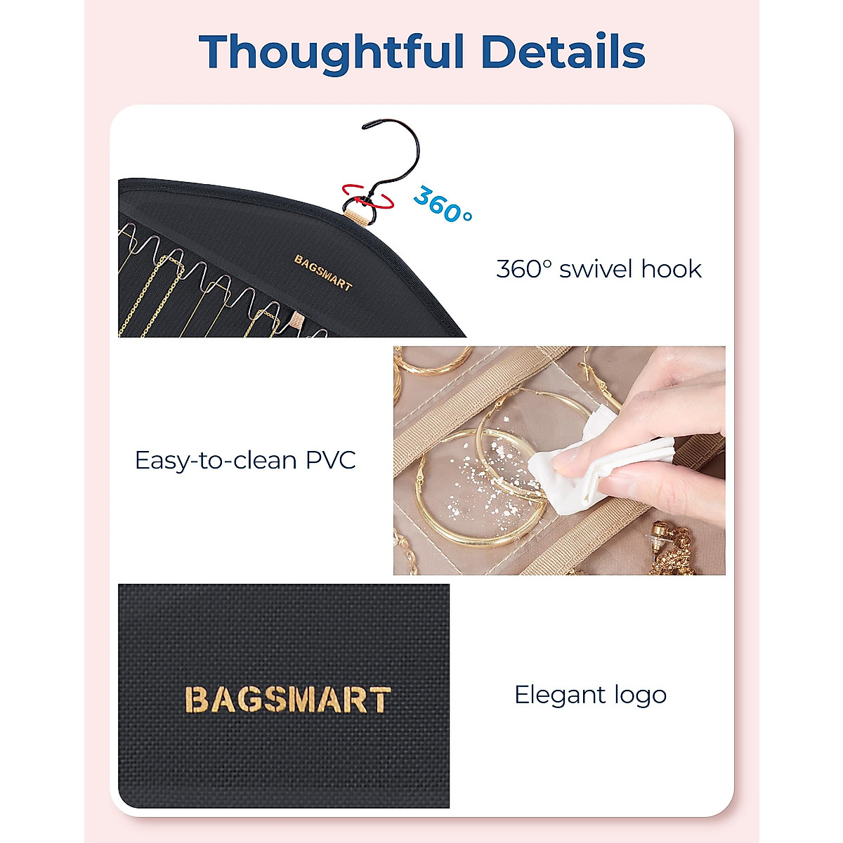 BAGSMART Hanging Jewelry Organizer with Hanger Metal Hooks Double-Sided Jewelry Holder for Organizing Earrings Necklaces Rings Perfect for in Hanging Closet, Wall, Door, 1 Piece, Large, Black