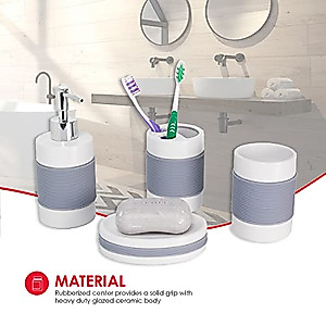 Home Basics 4 Piece Bath Accessory Set with Rubber Grip, Featuring Soap Dish, Toothbrush Holder, Tumbler, Soap Dispenser, White
