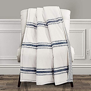Lush Decor Farmhouse Stripe Throw - Reversible Ticking Pinstripe Design Blanket, 50" x 60", Navy