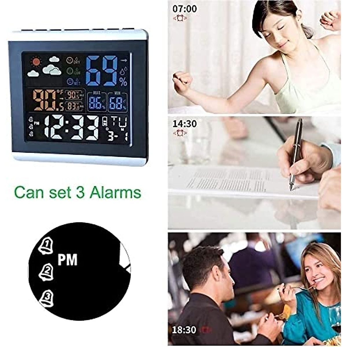 XARONF Indoor Outdoor Thermometer, Weather Station with Atomic Clock, High Precision Temperature Humidity Meter, HD Color Display Weather Thermometer with Barometer Sound Control Backlight