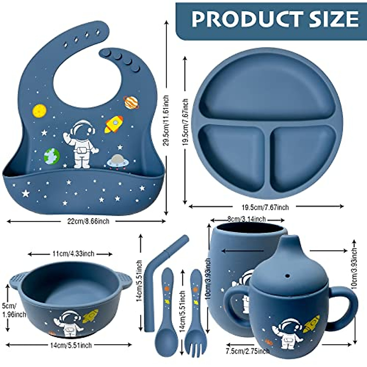 Soft Silicone Baby Feeding Set With Pattern, Baby Led Weaning Supplies with Adjustable Bib, Suction Bowl, Suction Divided Plate, Straw Cup, First Stage Spoon & Fork