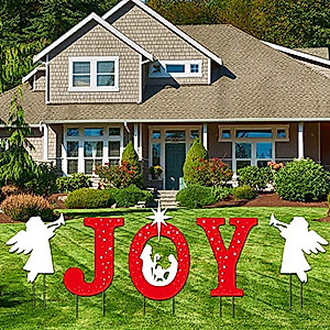 Outdoor Christmas Decorations -JOY Nativity Sets for Outdoor Xmas Religious Scenes Yard Decor with Stake for Home Lawn Pathway Walkway, Red, White