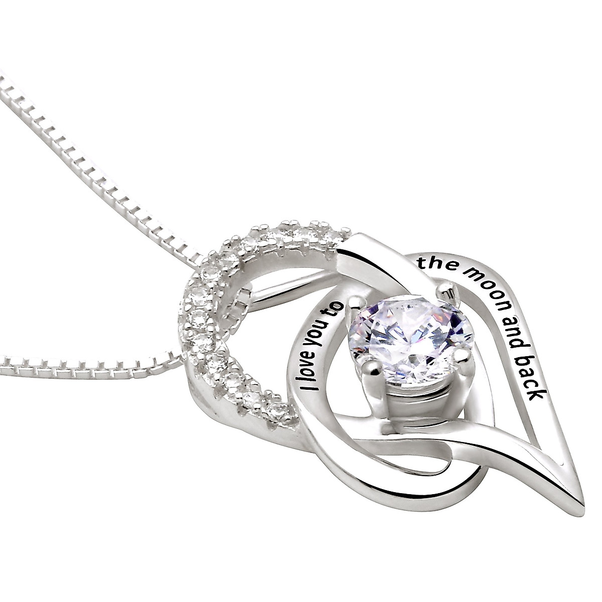 ALOV Jewelry Sterling Silver "I Love You To The Moon and Back" Love Heart Cubic Zirconia Pendant Necklace