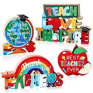 4 Pcs Teacher Appreciation Table Decoration Centerpieces Best Teacher Wooden Table Sign Thank You Teachers Desk Decorations Gifts for Teacher Appreciation Home School Classrooms Desks Decor (Block)