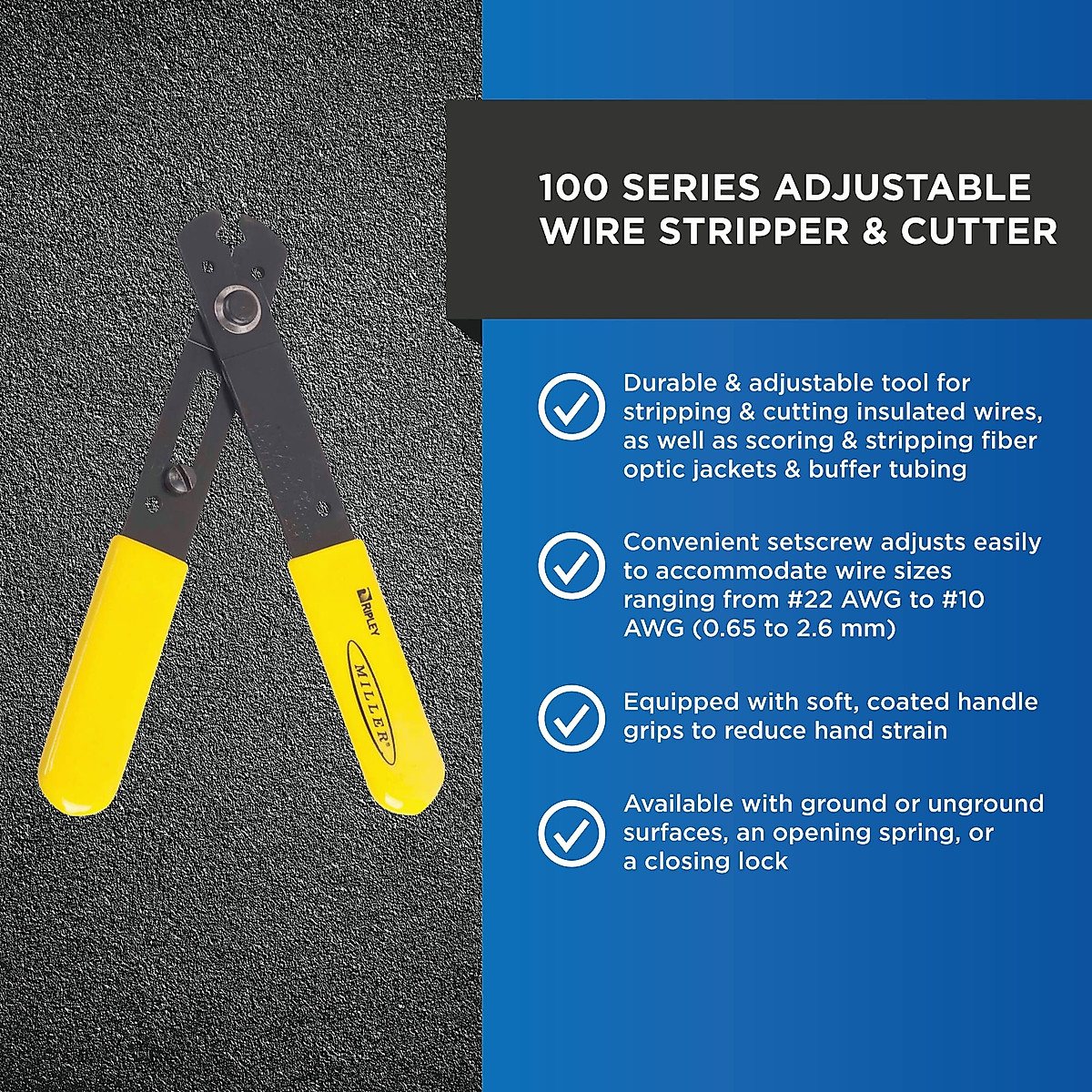 Miller 100 Wire Stripper and Cutter, Wire Stripping Tool, Cable Cutting Tool, Professional Stripper and Cutter for Technicians