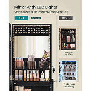 SONGMICS Mirror Jewelry Cabinet Standing Armoire Organizer, Jewelry Storage with Full-Length Frameless LED Lights, Built-in Makeup Mirror, 2 Drawers, Lockable, Black UJJC023B01