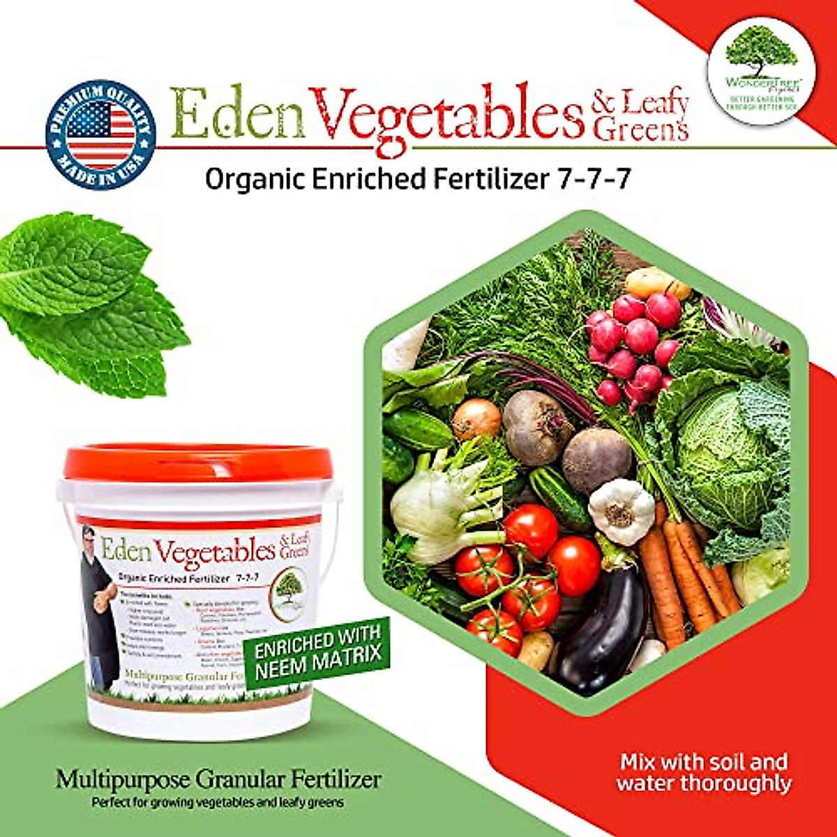 Eden Vegetables & Leafy Greens Organic Enriched Fertilizer (5 lb Bucket)-Neem Plant Food 7-7-7 Enriched Formula for Perfect Nitrogen, Phosphorous, and Potassium Balance