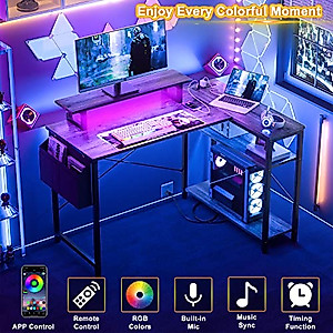 Homieasy L Shaped Computer Desk with LED Strip & Power Strip, 47 Inch Corner Desk with Monitor Stand Reversible Storage Shelves, Modern Simple Home Office Gaming Desk with Storage Bag(Black Oak)