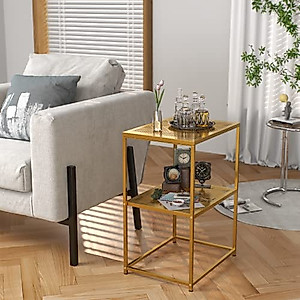 Yusong Narrow End Table, Small Gold Side Table for Small Spaces, Standing Metal Shelf, Night Stand Bedside Table for Bedroom, Sofa Couch Tables for Living Room, Gold