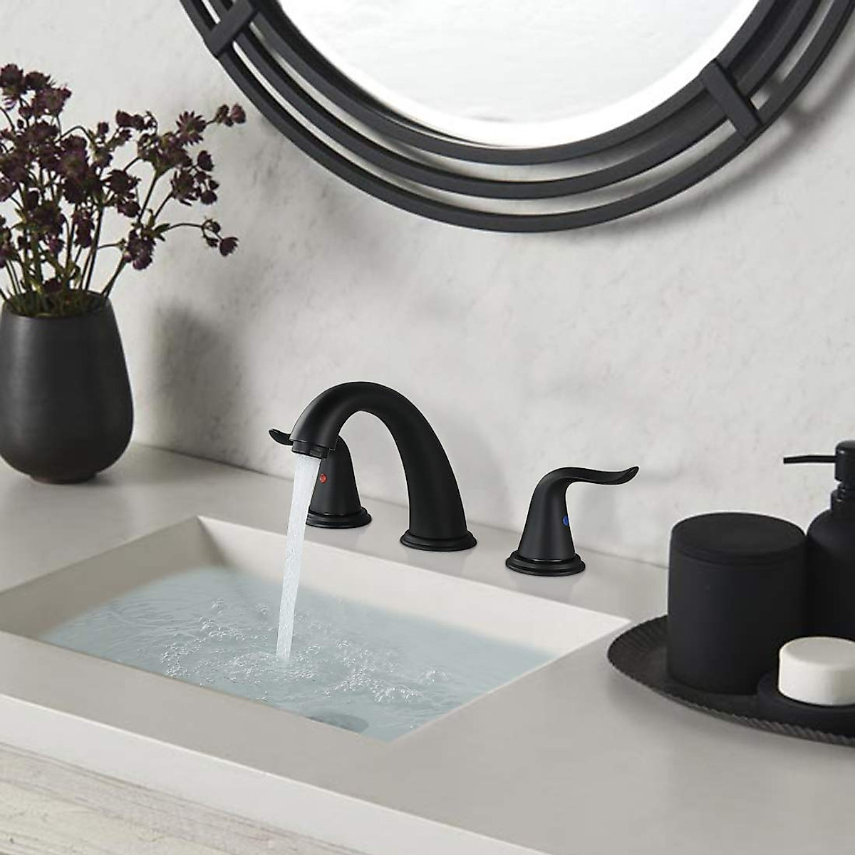 WOWOW Widespread Bathroom Faucet 3 Hole Black Widespread Faucet 8 Inch Center Bathroom Faucets Pop Up Drain Assembly Vanity Faucet Double Handle High Arc Lavatory Bathroom Basin Faucet Sink Faucets