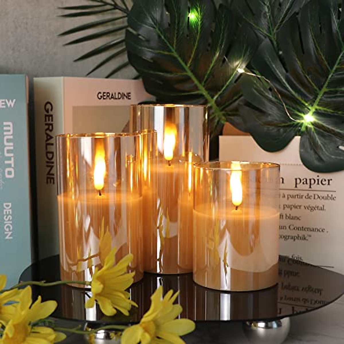 GenSwin Flameless Led Candles Flickering Battery Operated with Remote, Real Wax 3D Wick Moving Pillar Candles with Timer Remote Glass Effect for Festival Wedding Christmas Home Decor(Gold)