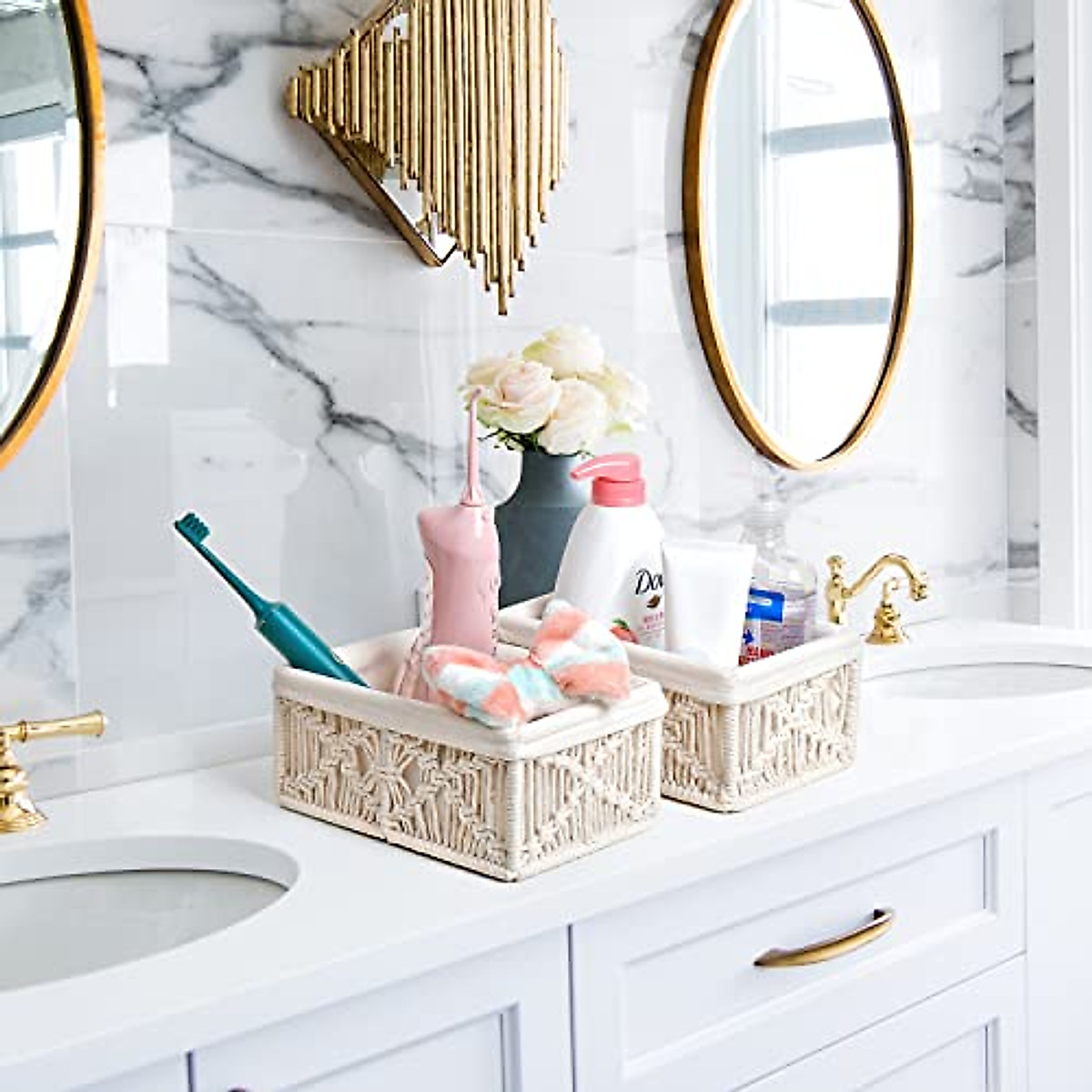 Macrame Storage Baskets, Decorative Hand Woven Boho Baskets, Boho Decor, Organizer for Bedroom Nursery Living Room, Room Decor, Removable Cloth Liner, Washable, Beige Set of 2, L: 7,87’’ x W: 5,91’’ x H: 3,54’’