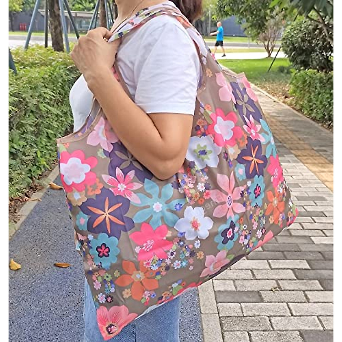 Fineget Foldable Large Shopping Grocery Tote Bag Portable Reusable Waterproof Utility GYM Yoga Bag for Women Travelling Camping Beach Picnic Laundry Duffel Top Handle Bag Begonia Flowers Pattern