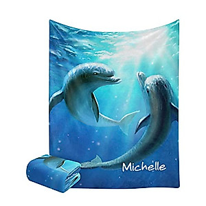 Dolphins Deep Ocean Personalized Blanket with Name Text Custom Comfort Super Soft Cozy Fleece Fashion Throw Blankets for Wedding Birthday Gift 50x60 Inch