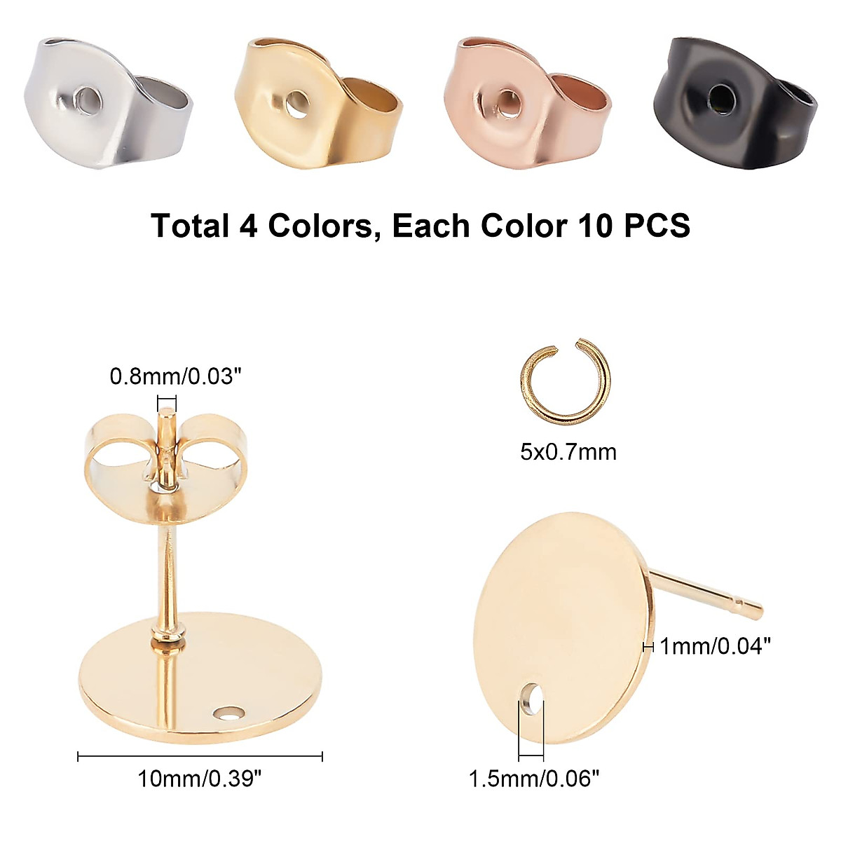 UNICRAFTALE 4 Mixed Colors Stud Earrings 40pcs(20Pairs) Stainless Steel Stud Earring with Ear Nuts 0.8mm Pin Flat Round Earring Post with Loop Earring Studs Components for Jewelry Making