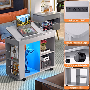 Cyclysio Adjustable End Table, Mobile Side Table with Power Outlets, 3-Tier Laptop Table with Adjustable Top Board, Storage Bedside Table with LED Lights, Rolling End Table, Livingroom, Bedroom, Grey