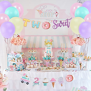 Two Sweet Ice Cream Birthday Party Decorations, Two Sweet Party Banner Cake Cupcake Toppers Macaron Balloons for Kid Ice Cream/Donut Theme Second Birthday Party Girls Ice Cream 2nd Bday Party Supplies