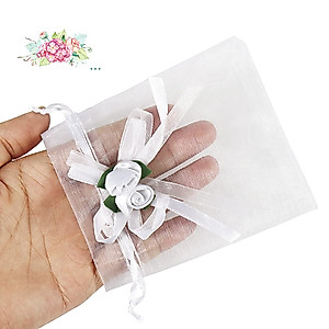 HRX Package White Rose Organza Bags 50pcs, 4 x 4.7 inch Small Mesh Drawstring Gift Bags Jewelry Pouches for Wedding Favor Christmas Candy